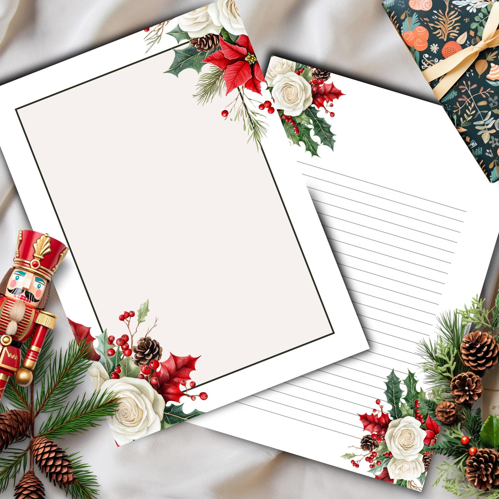 Printable Christmas Bouquet Stationery, Lined Unlined Paper, Floral ...