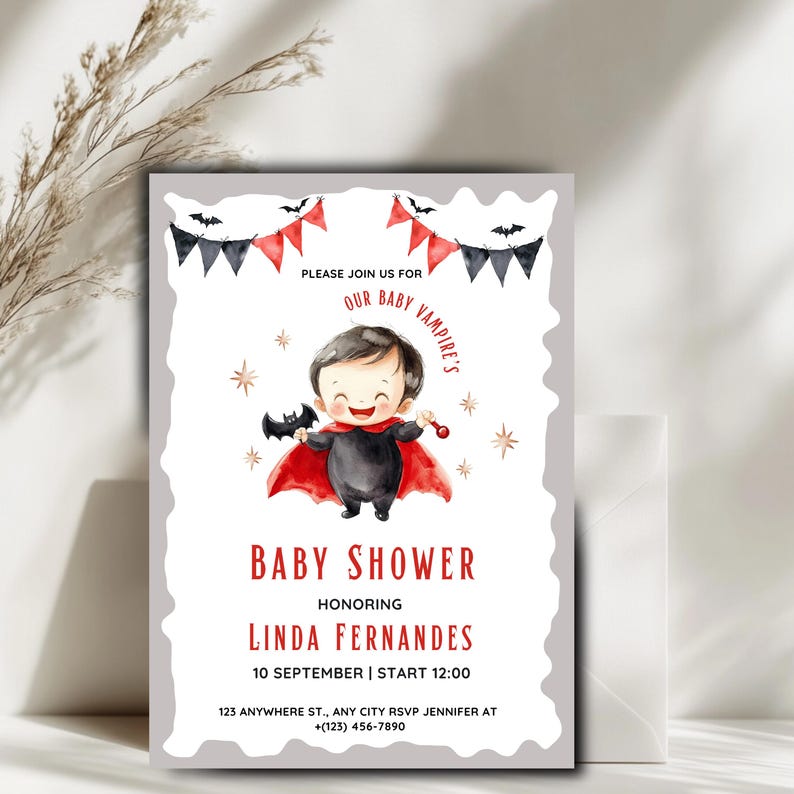 Invitación editable para baby shower de vampiro Drácula, descarga ...