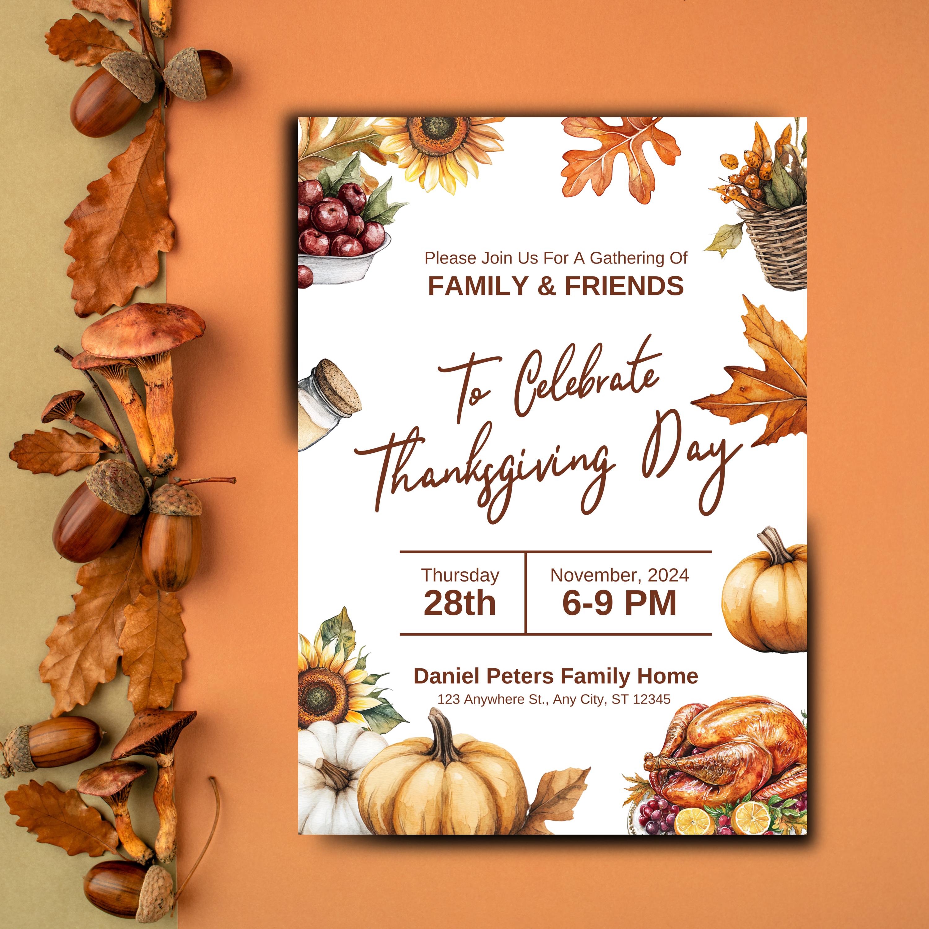 Editable Thanksgiving Invitation Template, Autumn Leaves & Pumpkins ...