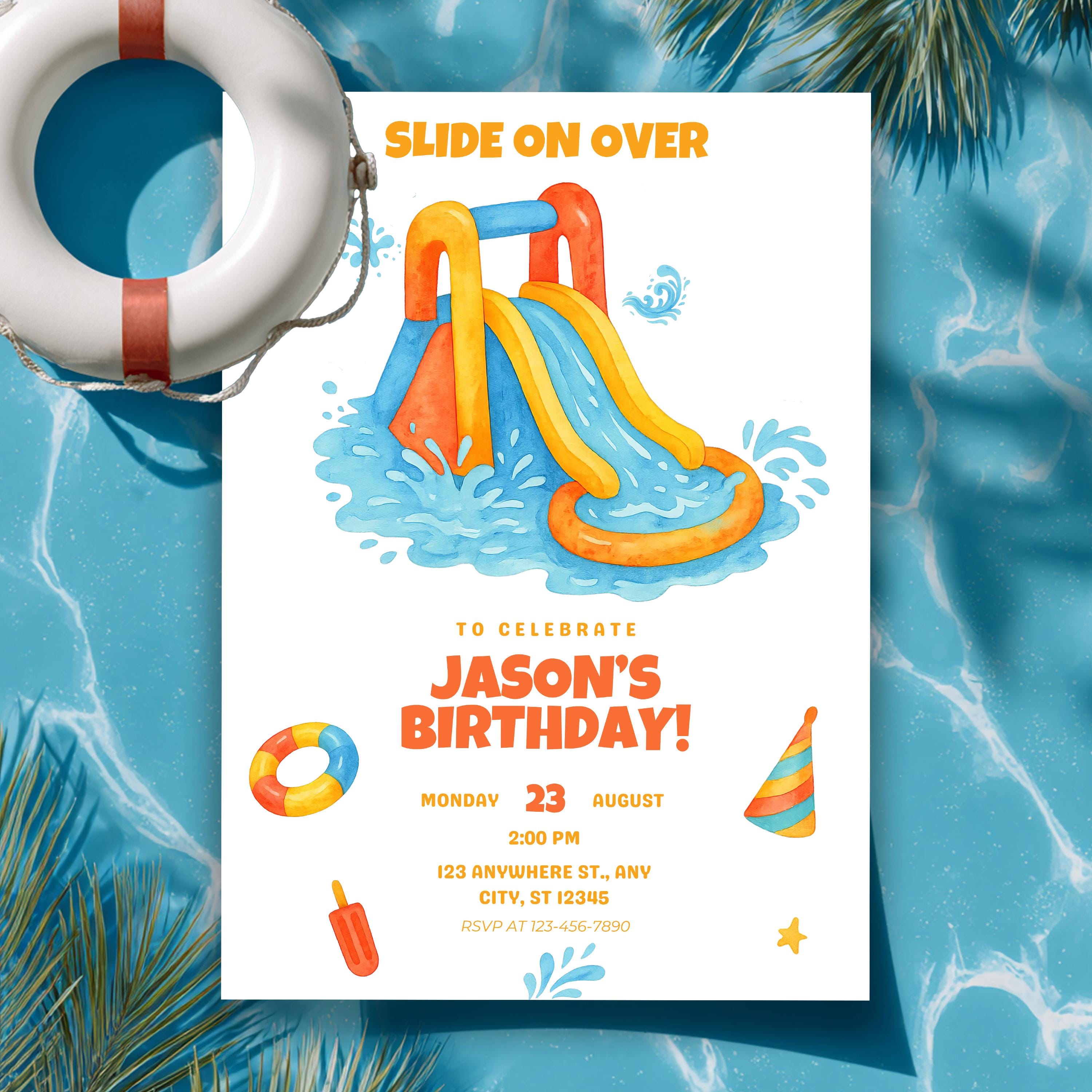 Water Slide Birthday Party Invitation - Summer Pool Party Invite for ...
