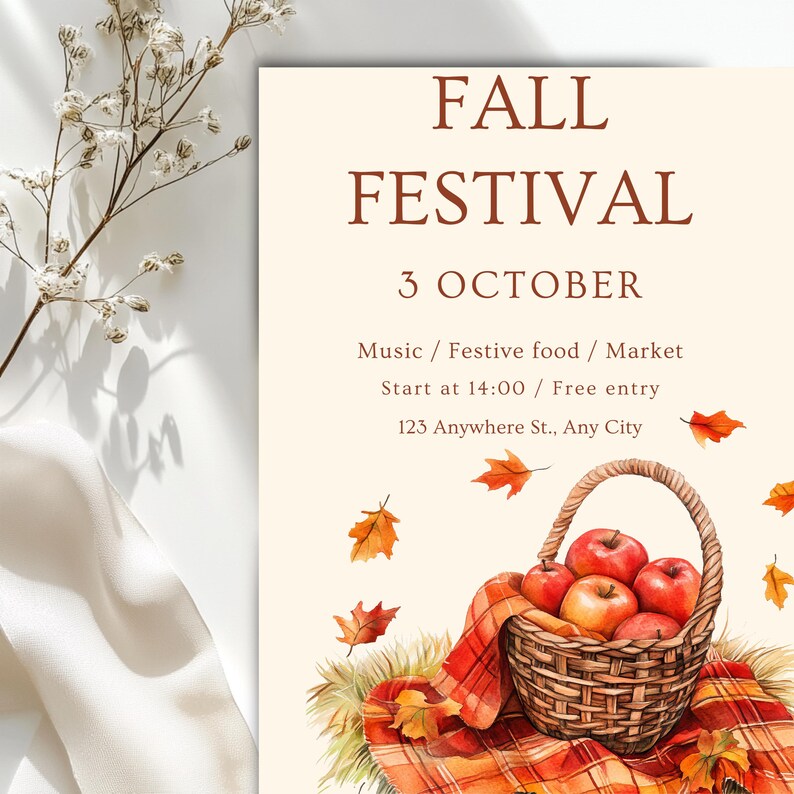 Editable Fall Festival Invitation Template, Charming Apples on Blanket ...