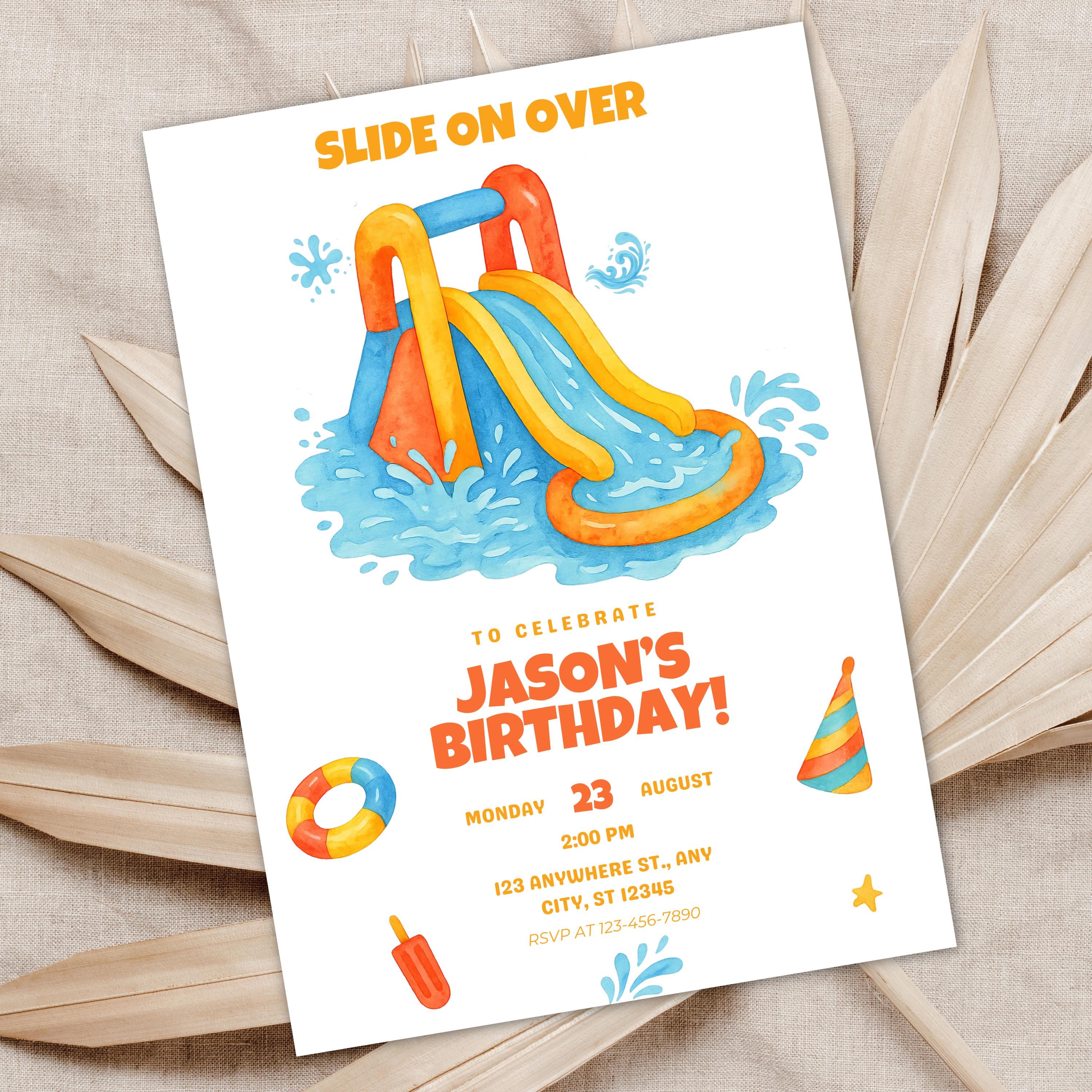 Water Slide Birthday Party Invitation - Summer Pool Party Invite for ...