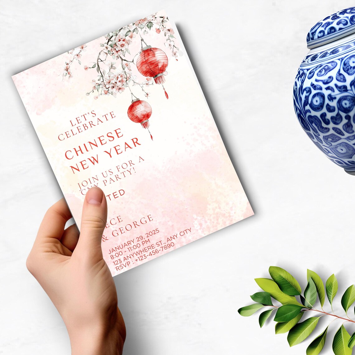Chinese New Year Party Invitation, Watercolor Lantern Design, Elegant ...