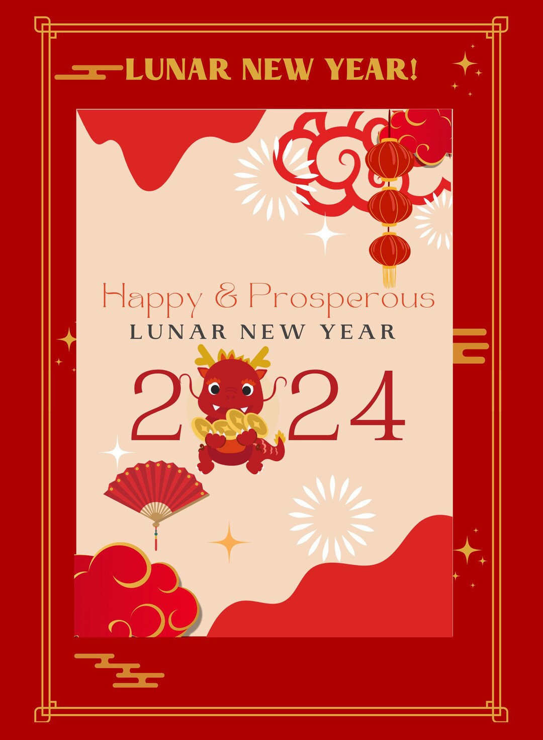 Dragon Lunar New Year Card DIGITAL DOWNLOAD Printable Card Chinese New ...