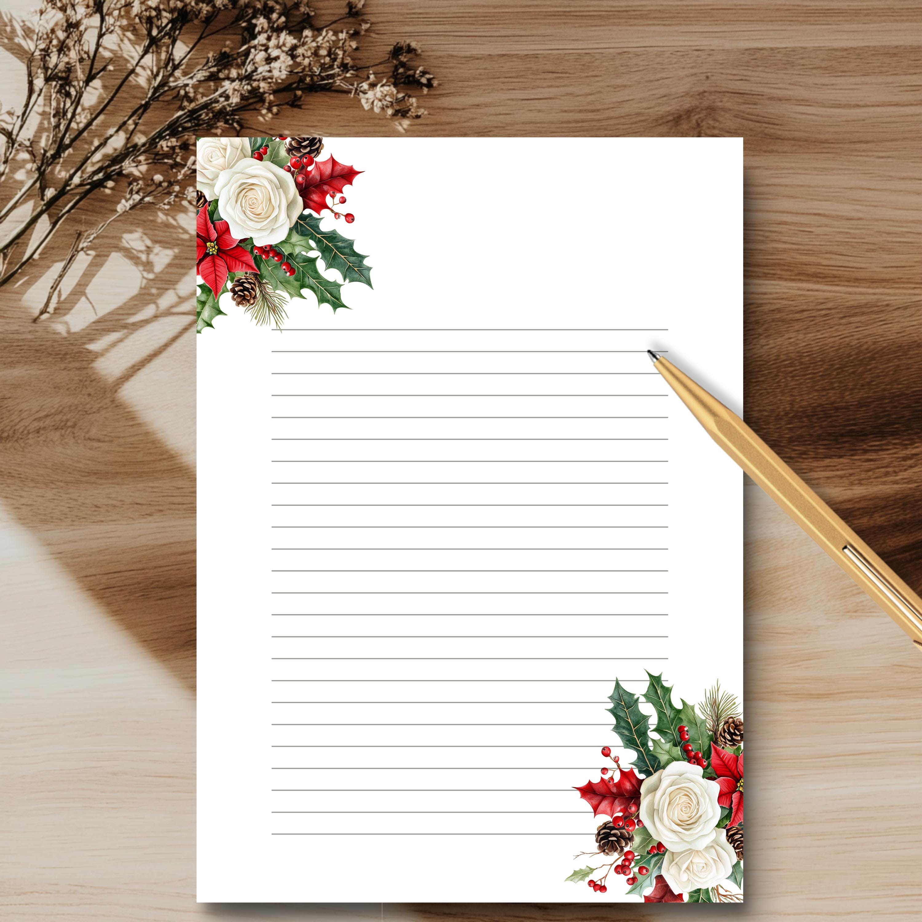 Printable Christmas Bouquet Stationery, Lined Unlined Paper, Floral ...