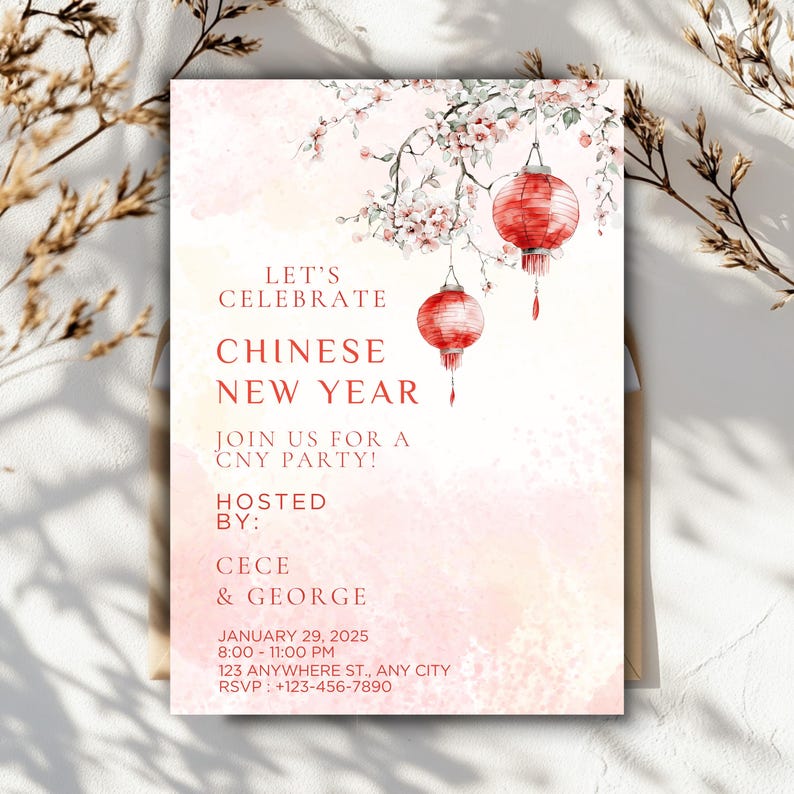 Chinese New Year Party Invitation, Watercolor Lantern Design, Elegant ...