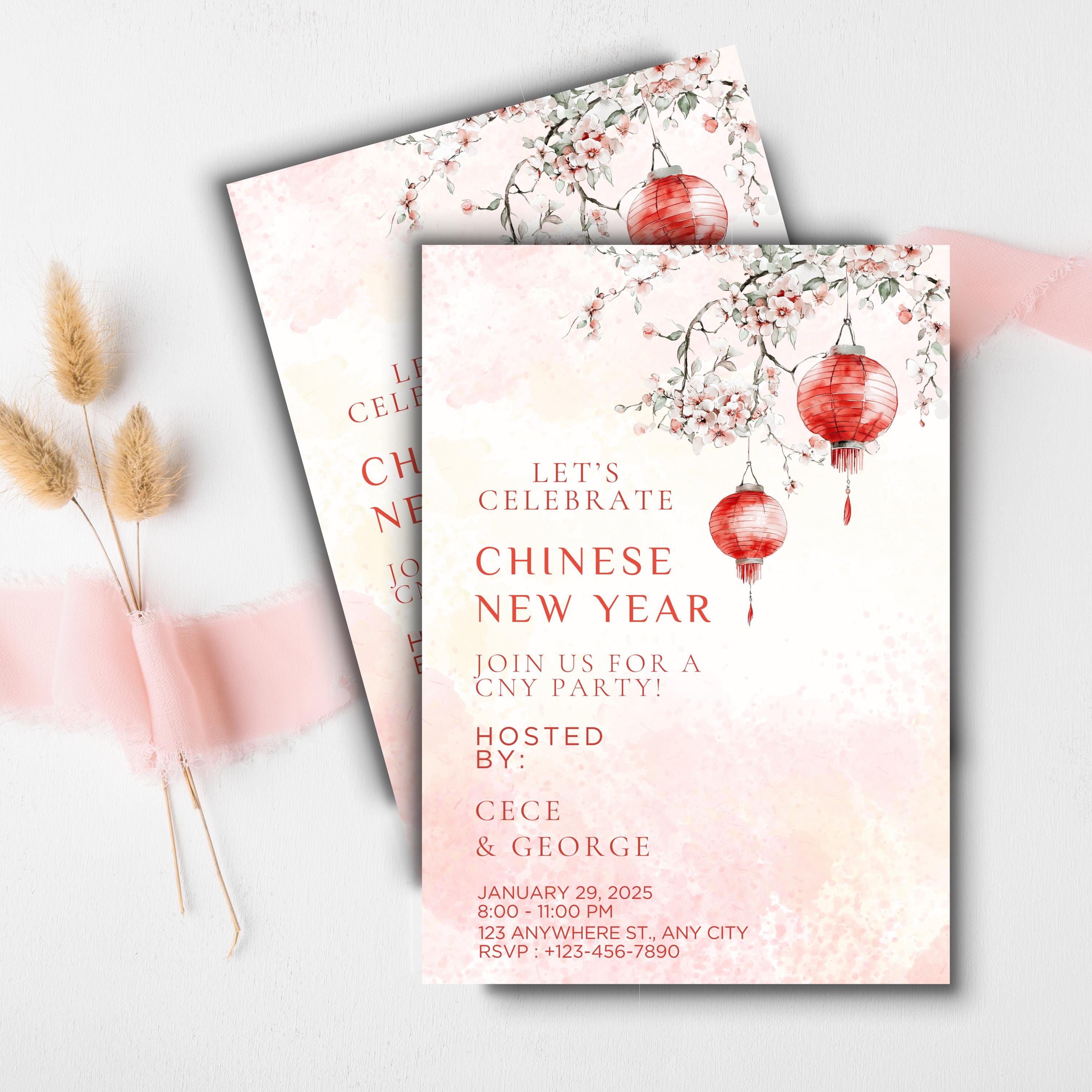 Chinese New Year Party Invitation, Watercolor Lantern Design, Elegant ...