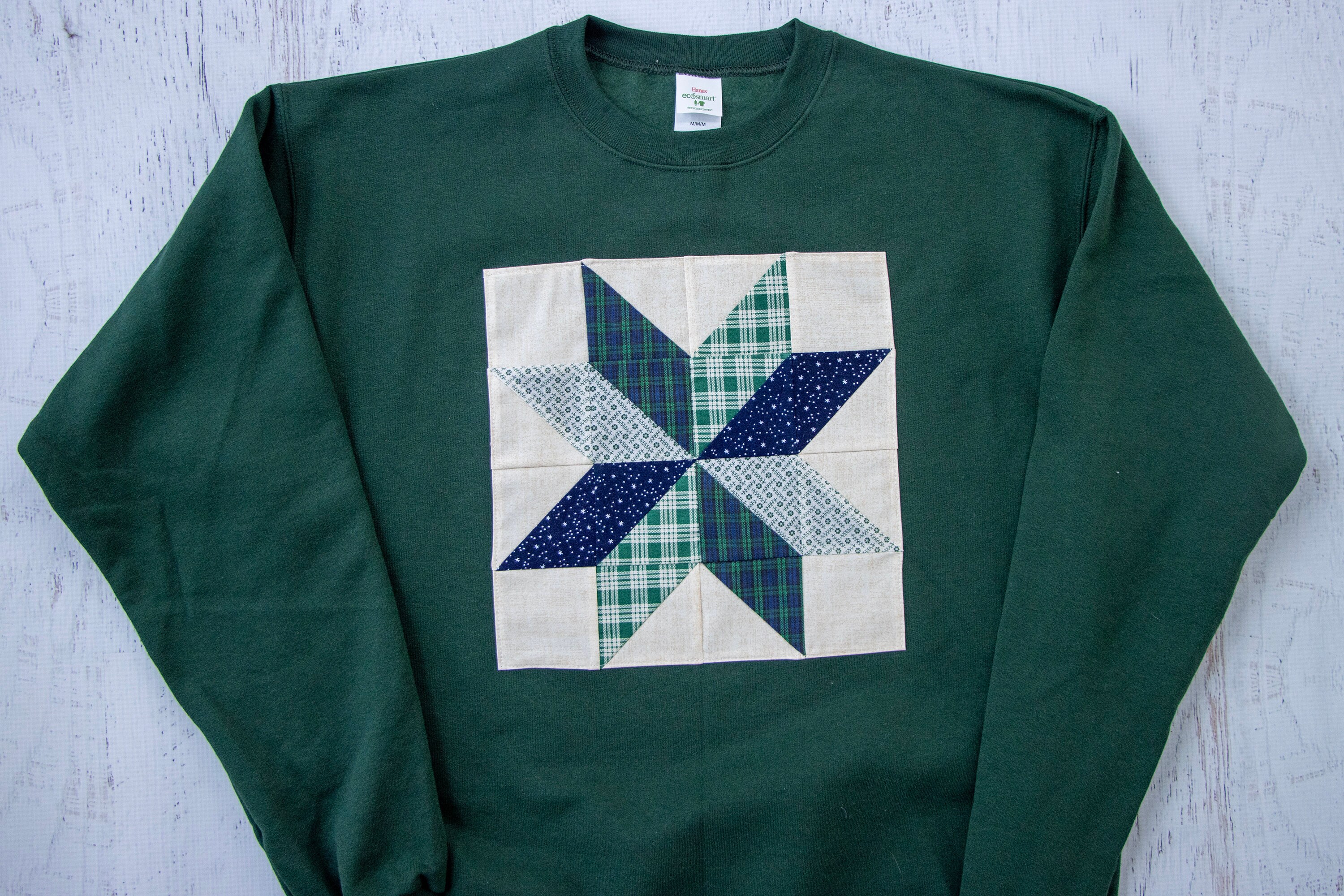 Quilt Block Sweatshirt Handmade 4-color Star Block Navy and Green Plaid ...