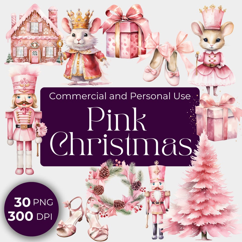 Watercolor Pink Christmas Clipart Bundle Holiday Clipart Christmas ...