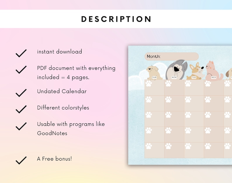 Dog Monthly Planner: Reusable Undated Calendar (digital Download) - Etsy