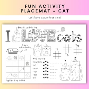 Cat Party Activity Placemat: Printable Games (PDF) - Etsy