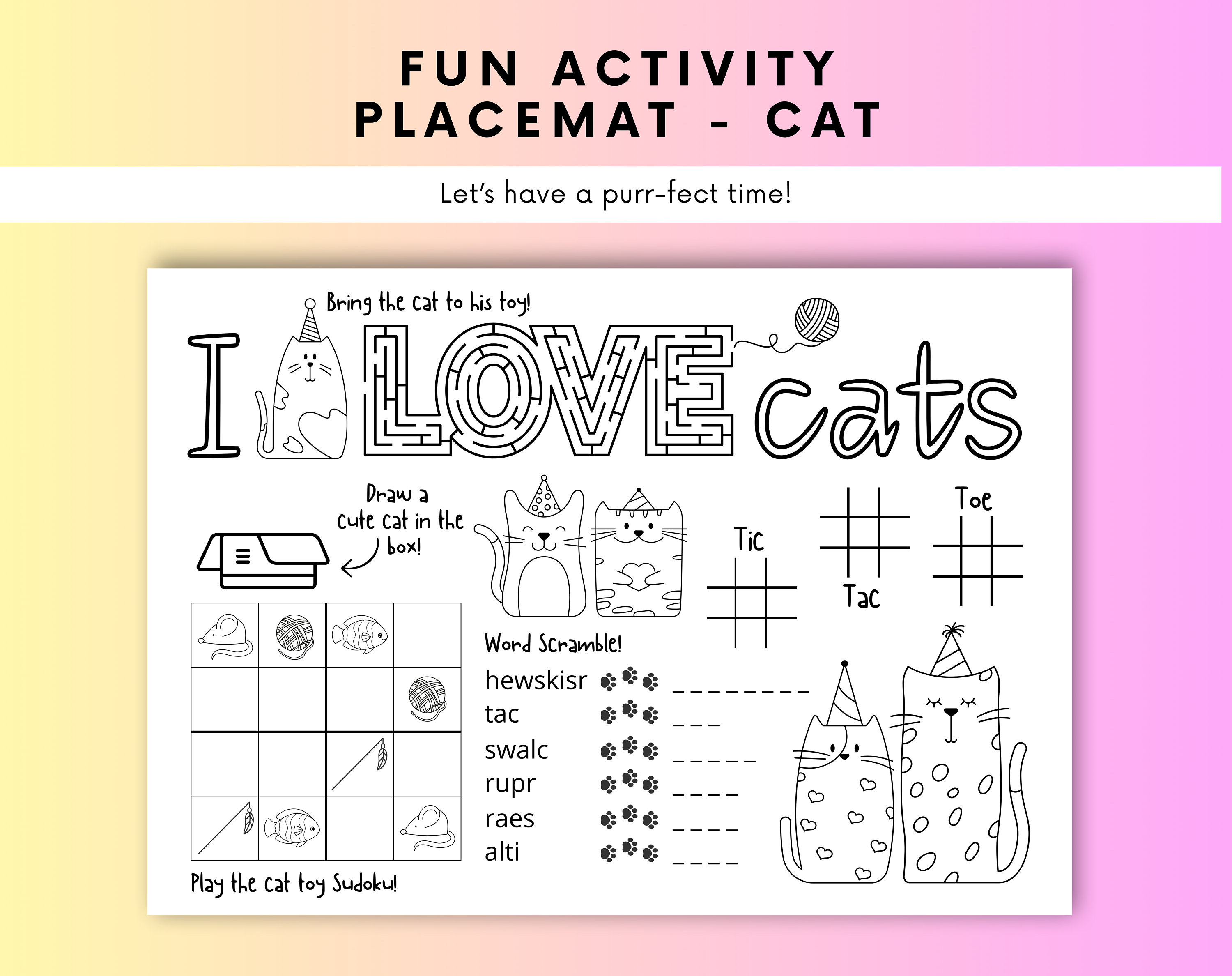 Cat Party Activity Placemat: Printable Games (PDF) - Etsy