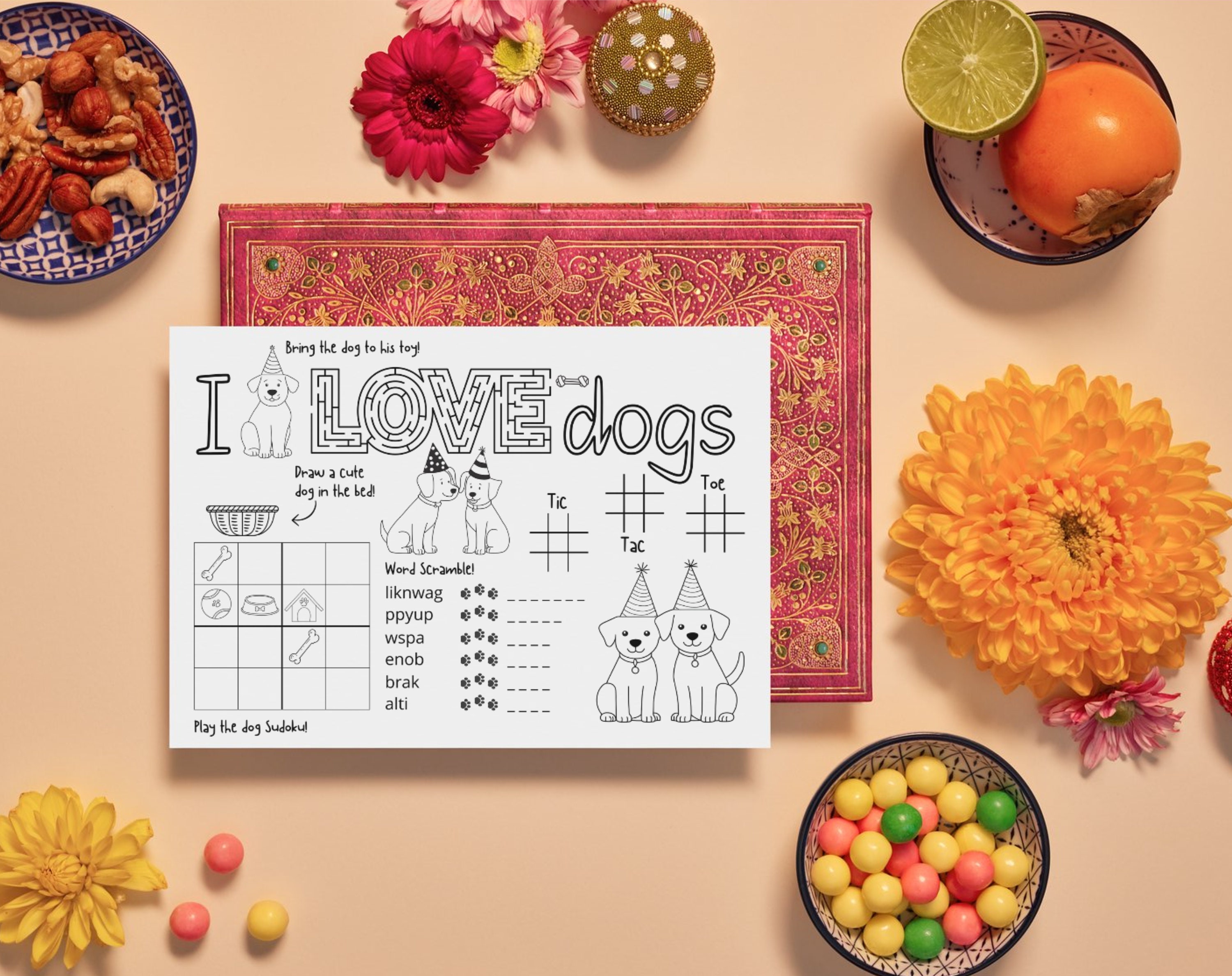 Pawty Activity Placemat Dogs Coloring Page Printable Dog Party Game ...