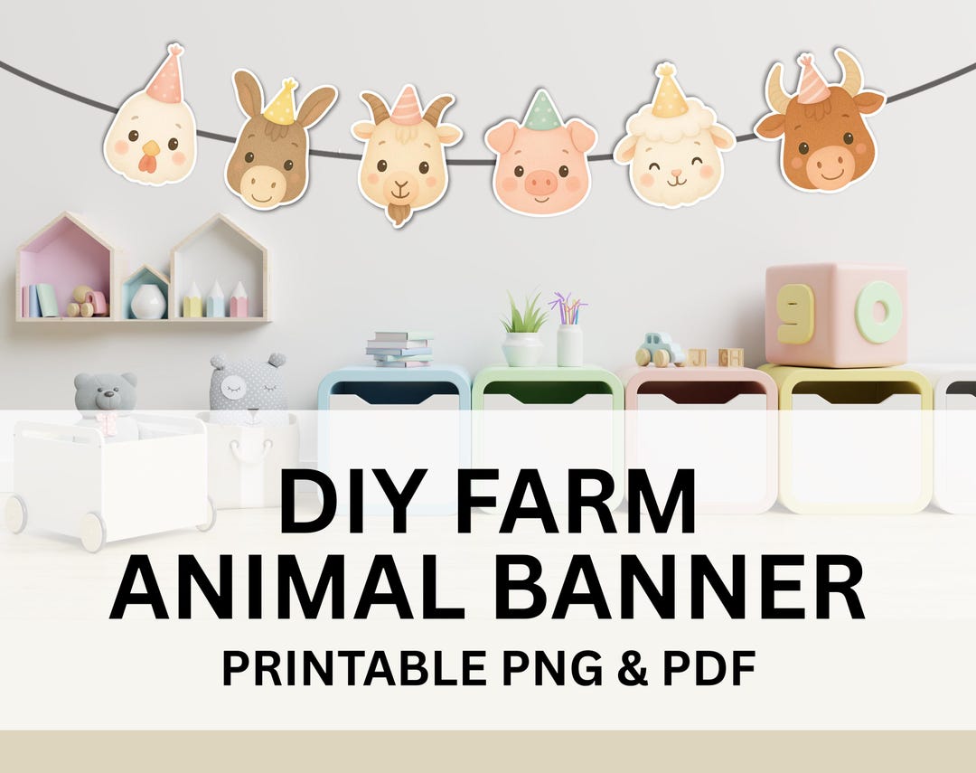 Watercolor Farm Animal Party Banner: Printable Birthday Garland (PDF ...