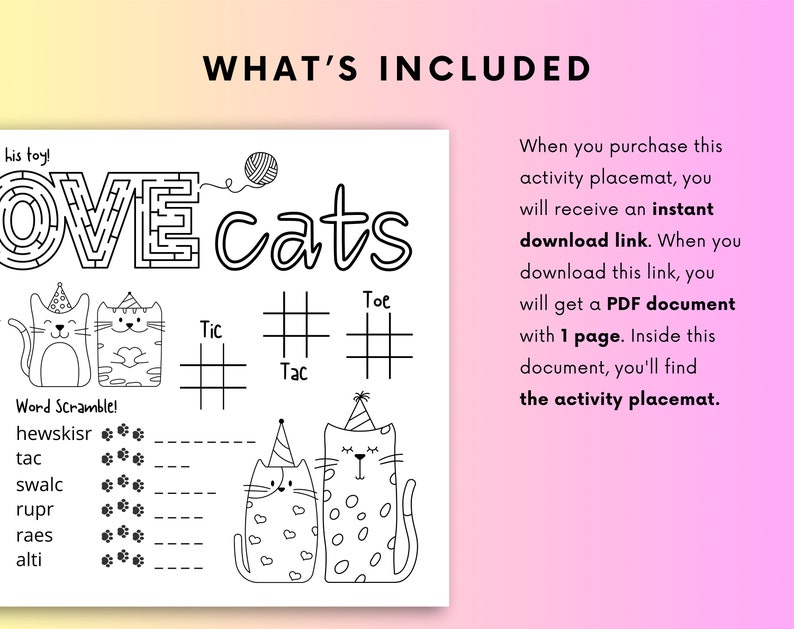 Cat Party Activity Placemat: Printable Games (PDF) - Etsy