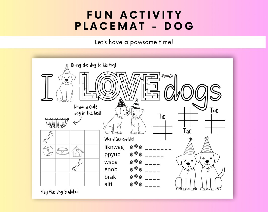 Pawty Activity Placemat Dogs Coloring Page Printable Dog Party Game ...