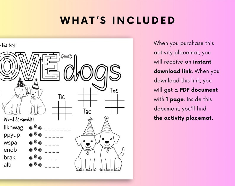 Pawty Activity Placemat Dogs Coloring Page Printable Dog Party Game ...