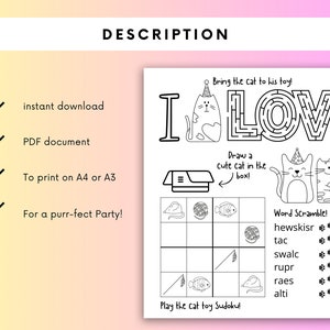 Cat Party Activity Placemat: Printable Games (PDF) - Etsy