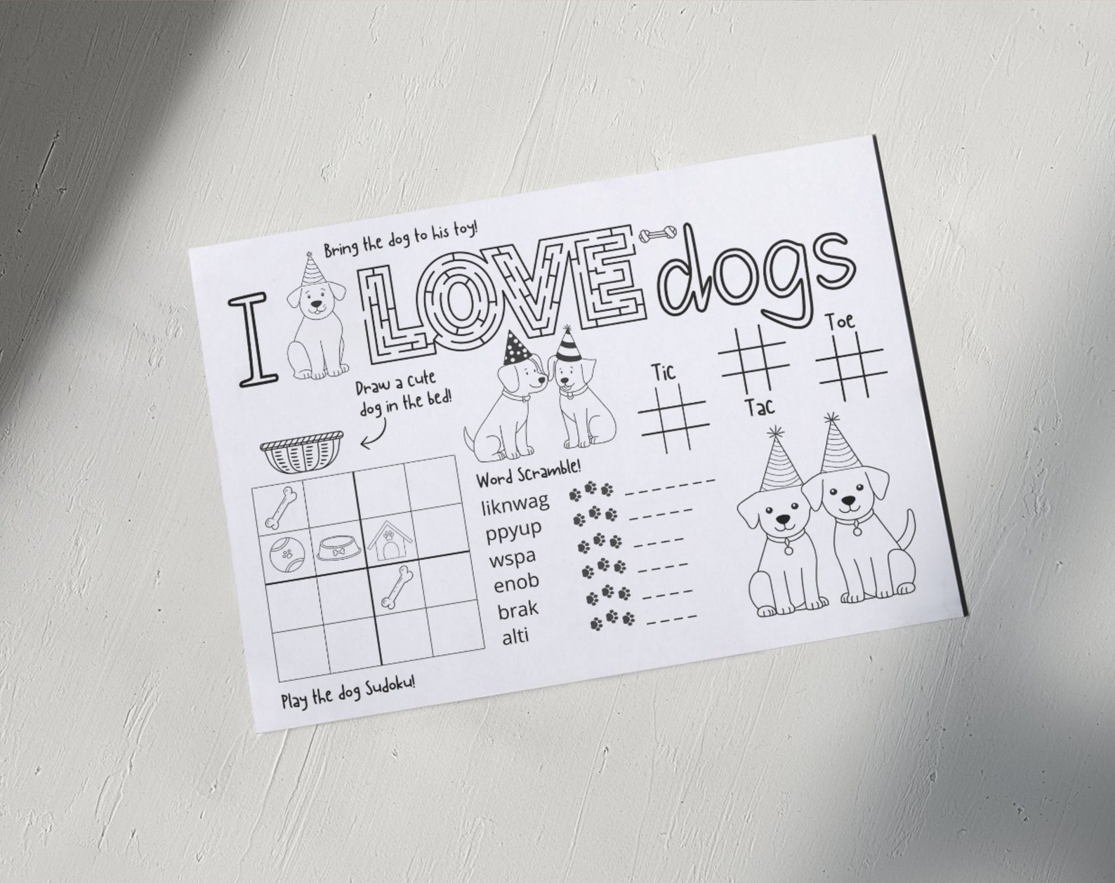 Pawty Activity Placemat Dogs Coloring Page Printable Dog Party Game ...