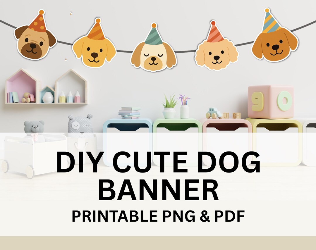 Dog Party Banner Printable 14 Cute Dog Faces With Party Hats Cricut DIY ...