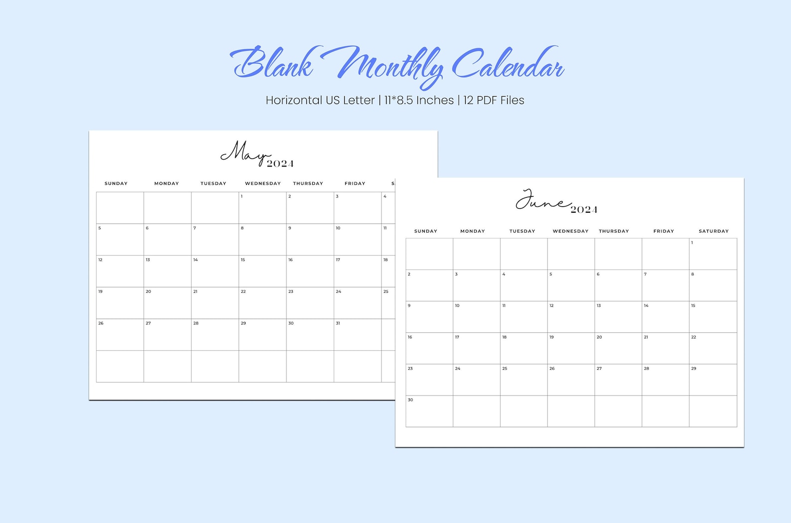 Monthly Blank Calendar 2024 Horizontal Printable Calendar Pages PDF ...