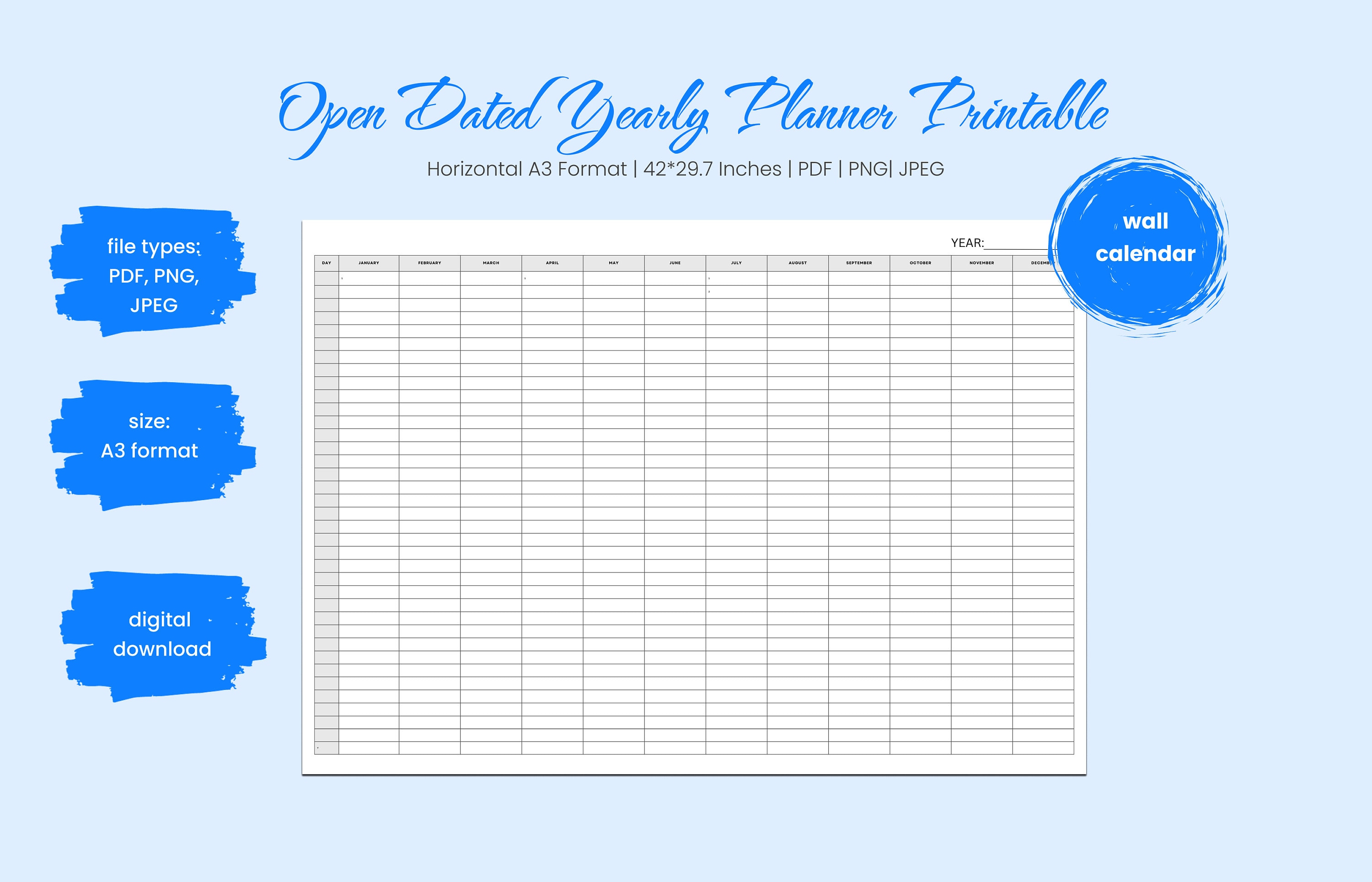 Open Dated Yearly Calendar Printable | Blank Yearly Calendar PDF | Wall ...