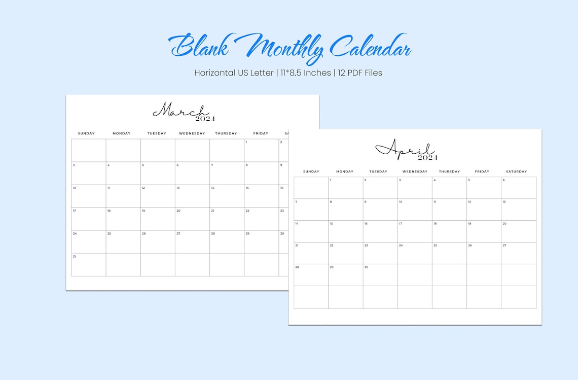 Monthly Blank Calendar 2024 Horizontal Printable Calendar Pages PDF ...