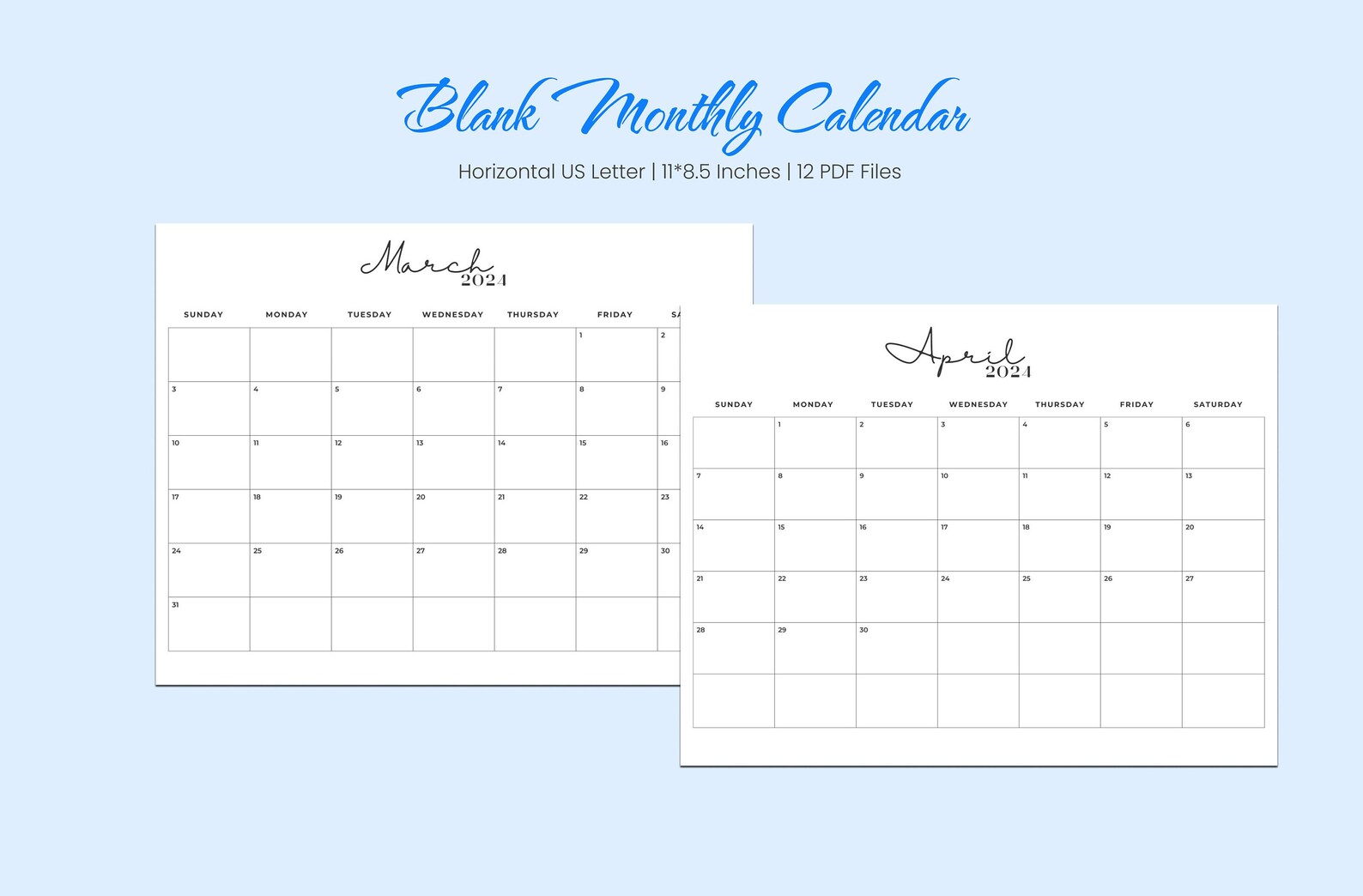 Monthly Blank Calendar 2024 Horizontal Printable Calendar Pages PDF ...