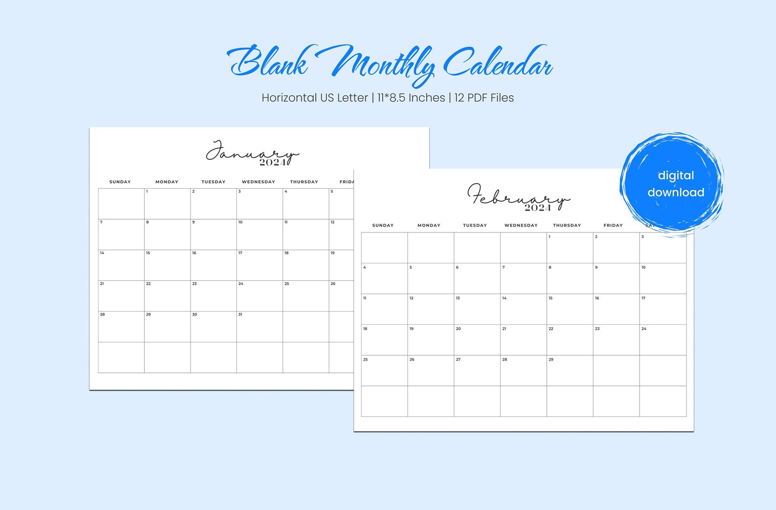 Monthly Blank Calendar 2024 Horizontal Printable Calendar Pages PDF ...