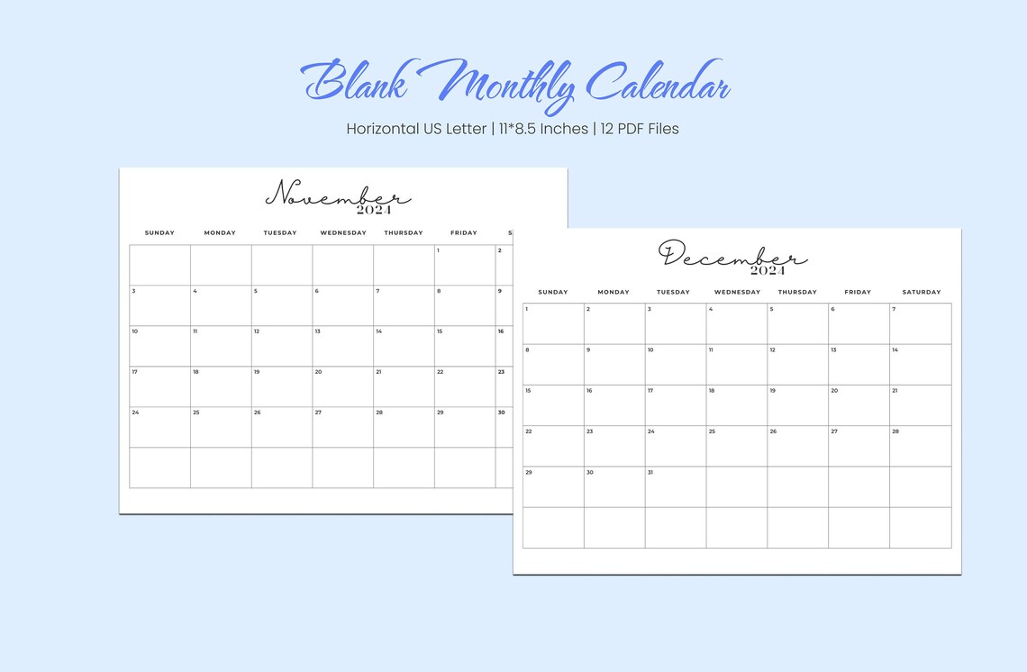 Monthly Blank Calendar 2024 Horizontal Printable Calendar Pages PDF ...