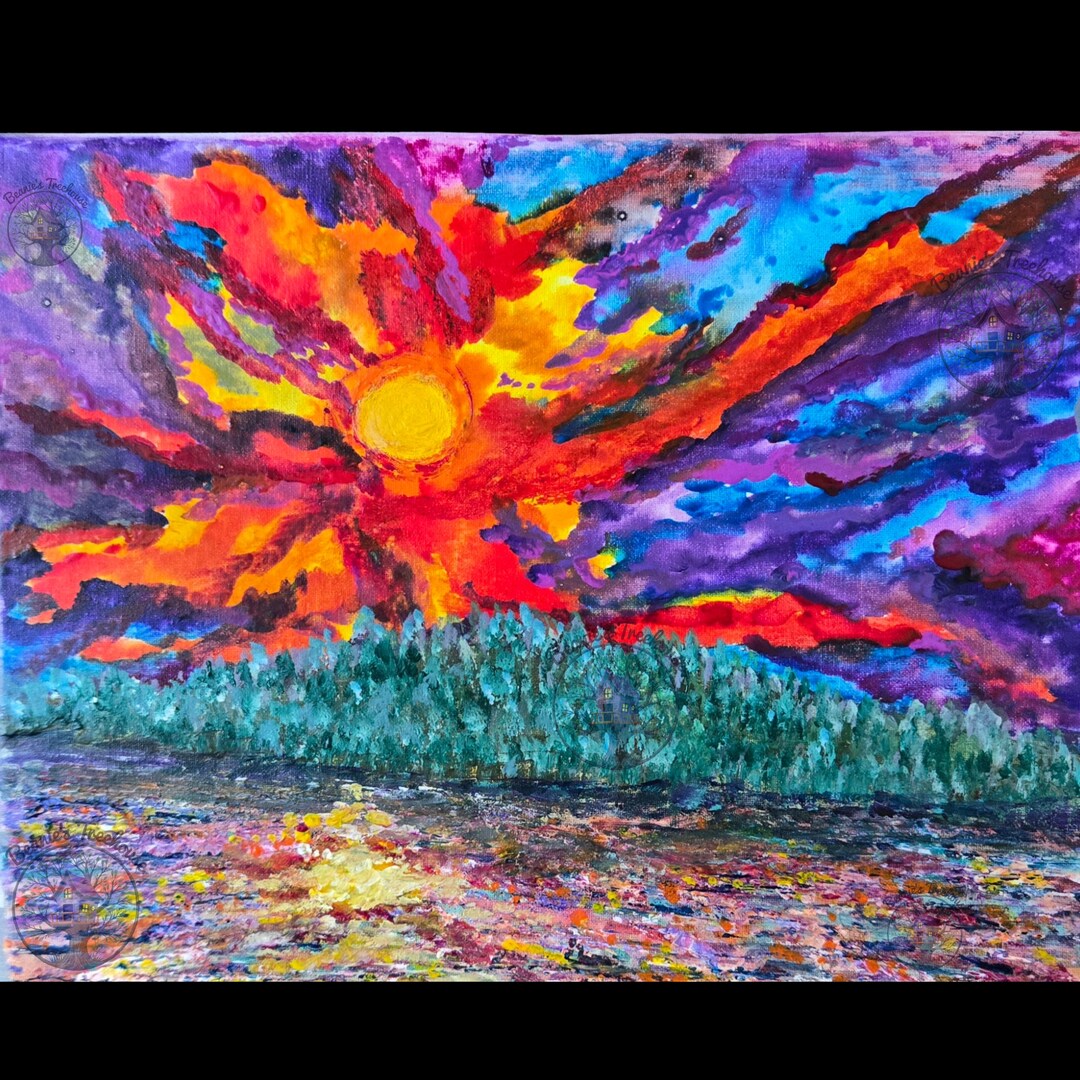 Fiery Sunset Forest Watercolor Painting: 10x8 Original Landscape Art ...