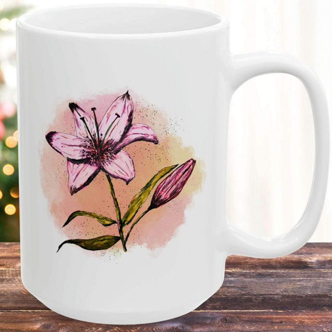 Pink Stargazer Lily Flower Ceramic Mug, Hand-painted Floral Print ...