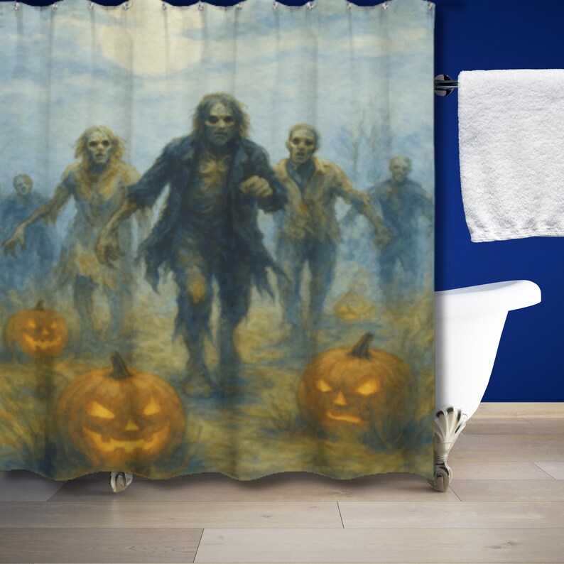 Zombies Run Halloween Shower Curtain: Undead Horde, Jack O'lanterns ...