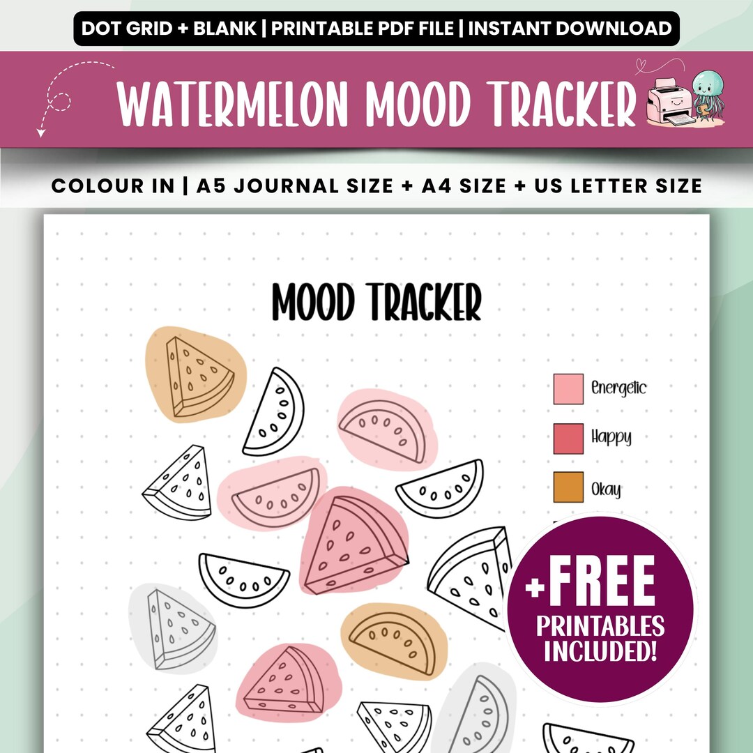 Watermelon Mood Tracker Printable: Summer Fruit Coloring Journal (PDF ...