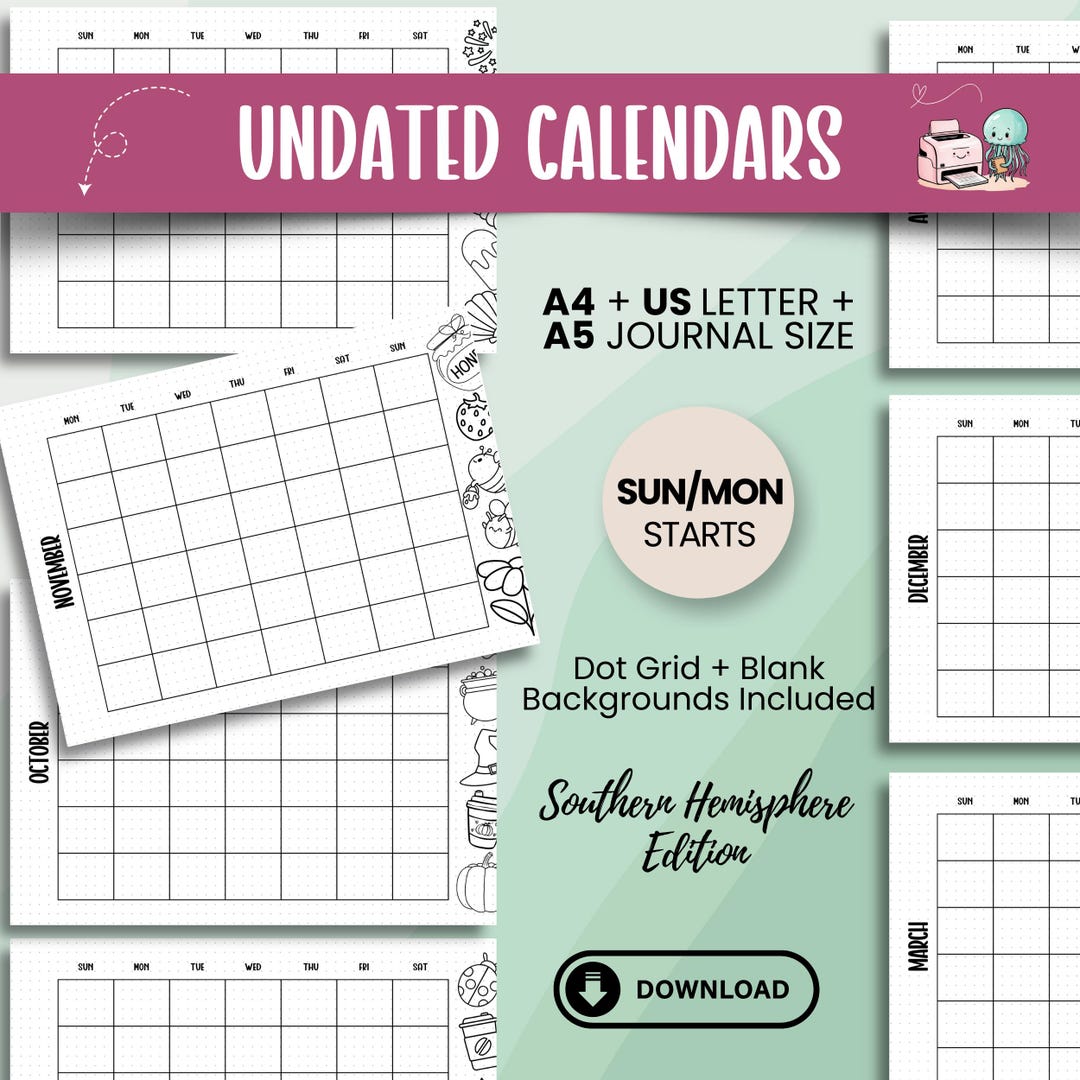 Southern Hemisphere Undated Calendar: Landscape A5 A4 US Letter ...