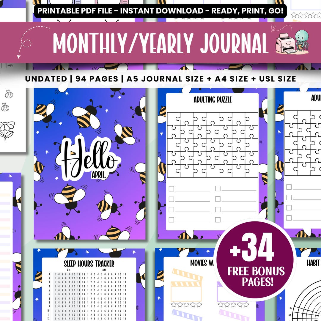 Premade 2026 Yearly Printable Bullet Journal Template, Monthly Bee ...