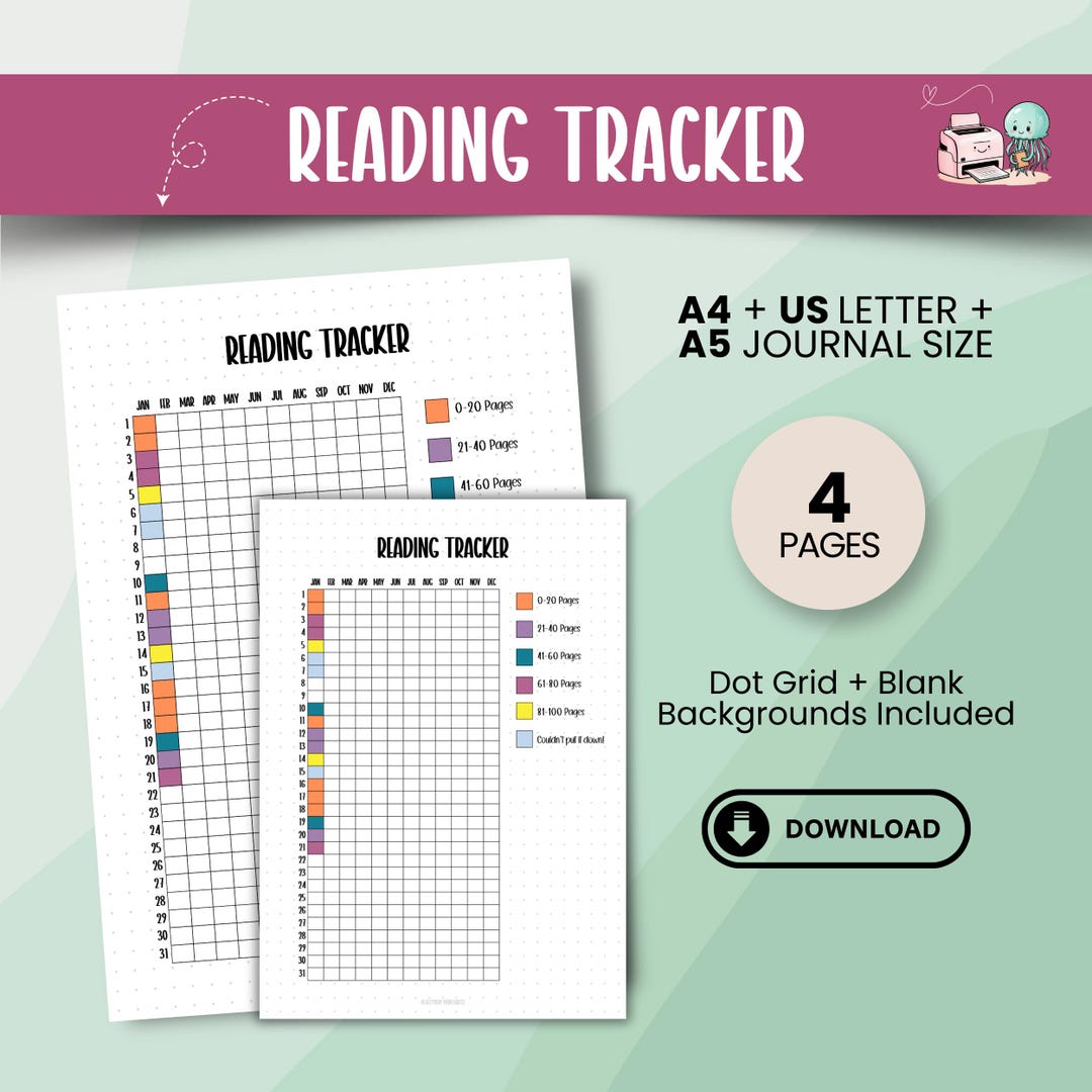Pixel Reading Tracker, Books Read Log Bullet Journal Pages A4 US Letter ...