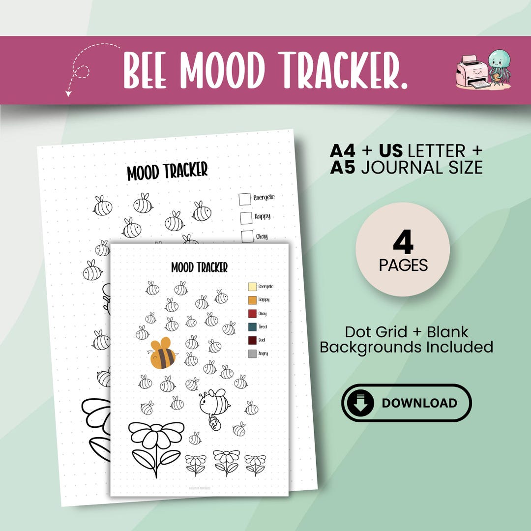 Monthly Mood Tracker Printable: Bee Theme, A4 A5 US Letter (digital ...
