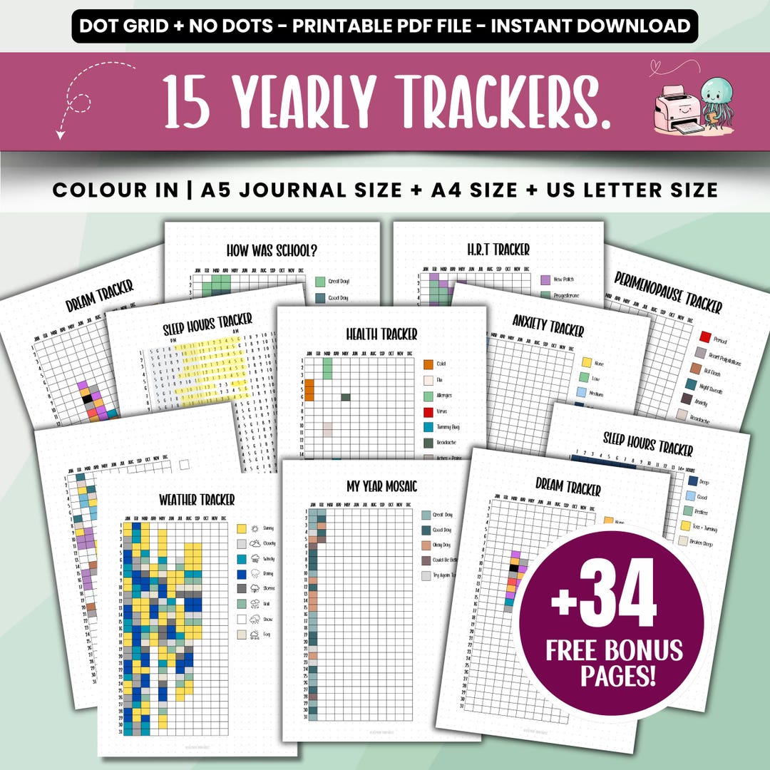 15 Yearly Habit Tracker Printable Bundle: Wellness, Mood, Sleep (PDF ...