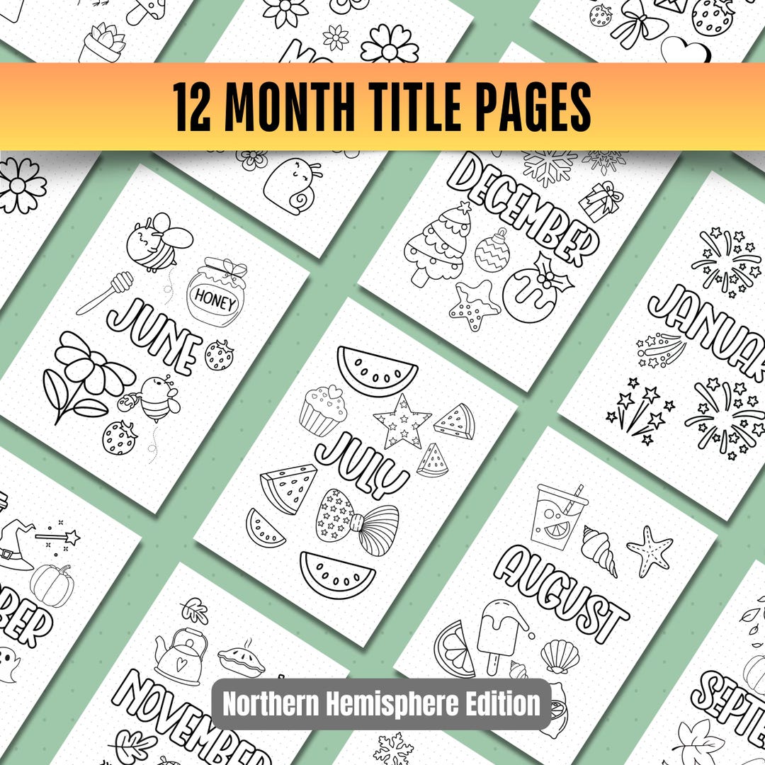 Printable Calendar Bullet Journal Title Pages, Months of the Year ...