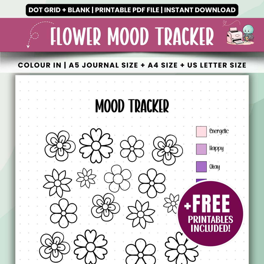Floral Mood Tracker Coloring Page: Daily Journal Printable (A5/A4/USL ...