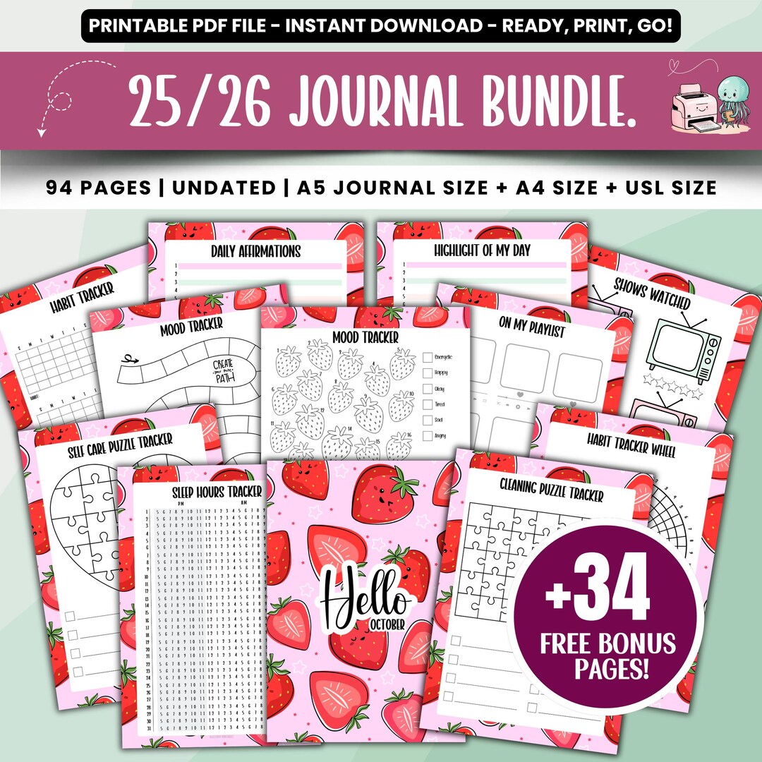 Strawberry 2025/2026 Bullet Journal Pages, Premade Daily Habit Tracker ...
