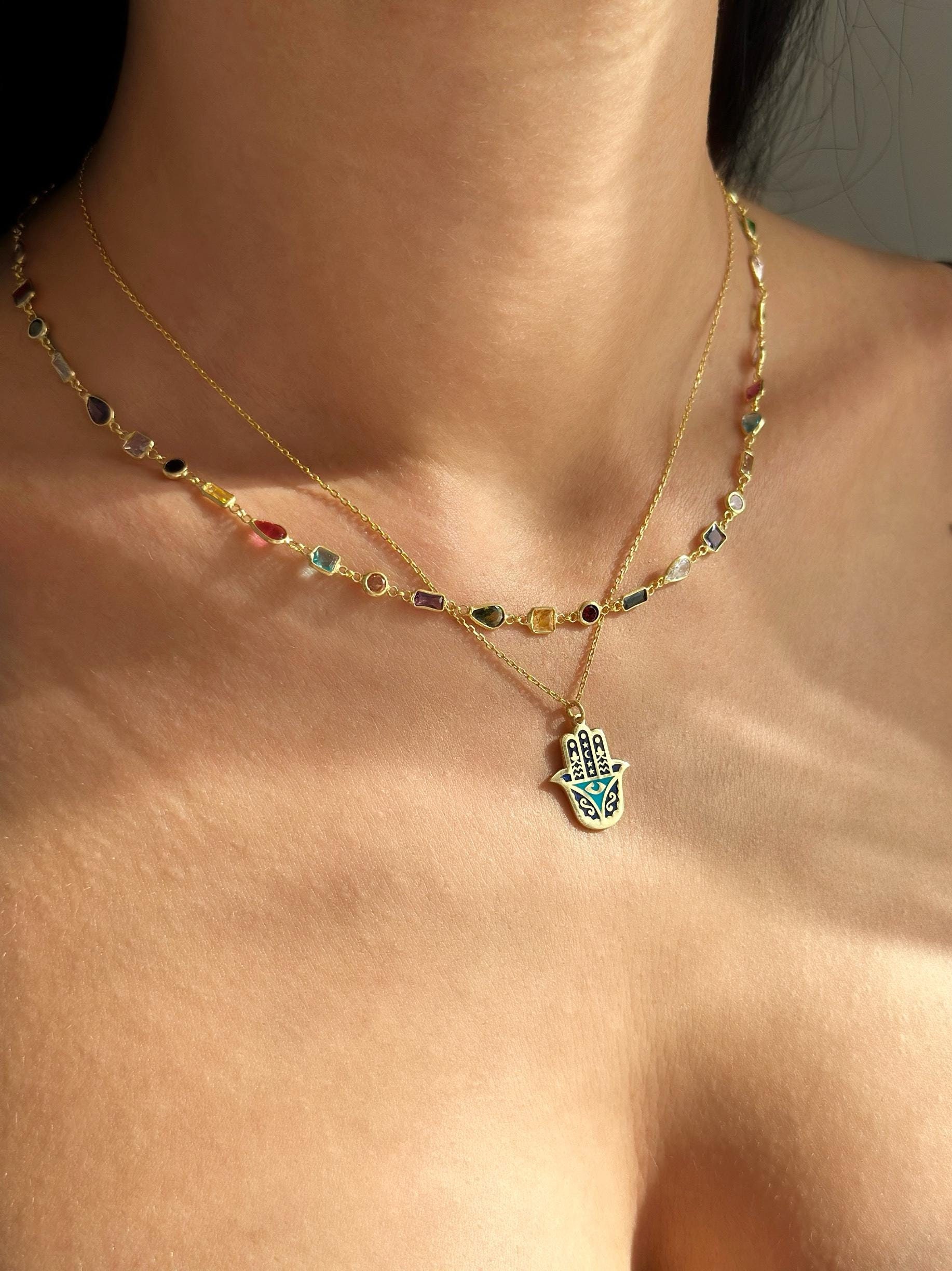 Multicolor Layering Necklace, Colorful Diamond Necklace, Dainty Multi ...