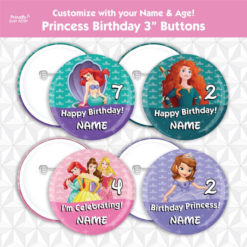 Disney Princess Birthday Pin Button - Moana Cinderella Rapunzel Ariel ...