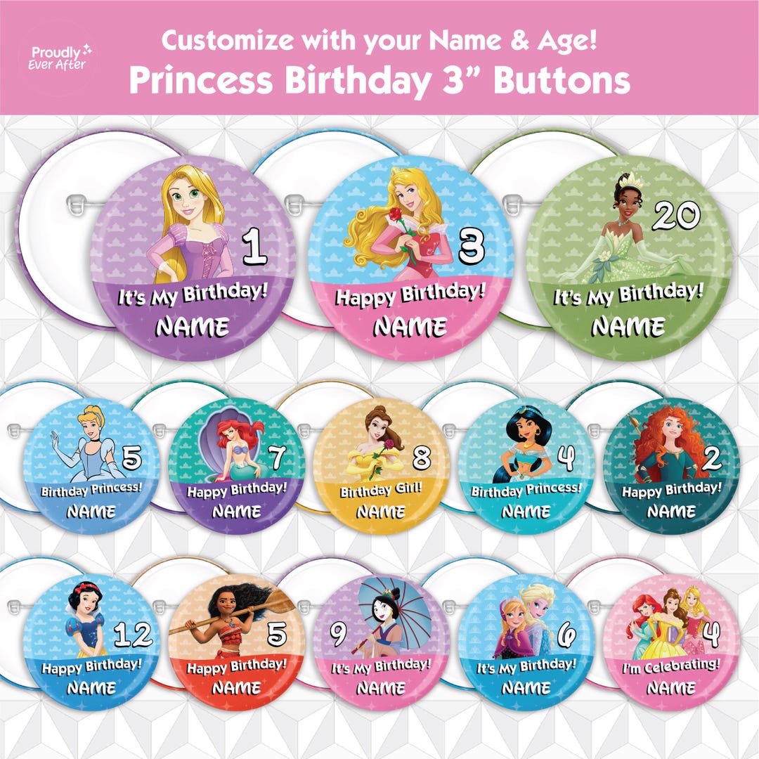 Disney Princess Birthday Pin Button - Moana Cinderella Rapunzel Ariel ...