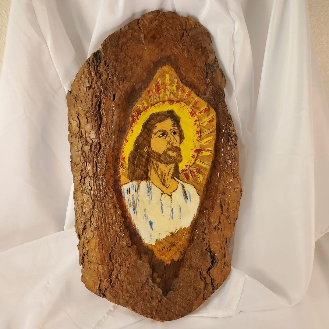 Vintage 1982 Jesus Christ Painting on Black Hills Pine Bark Wall Art 18 ...
