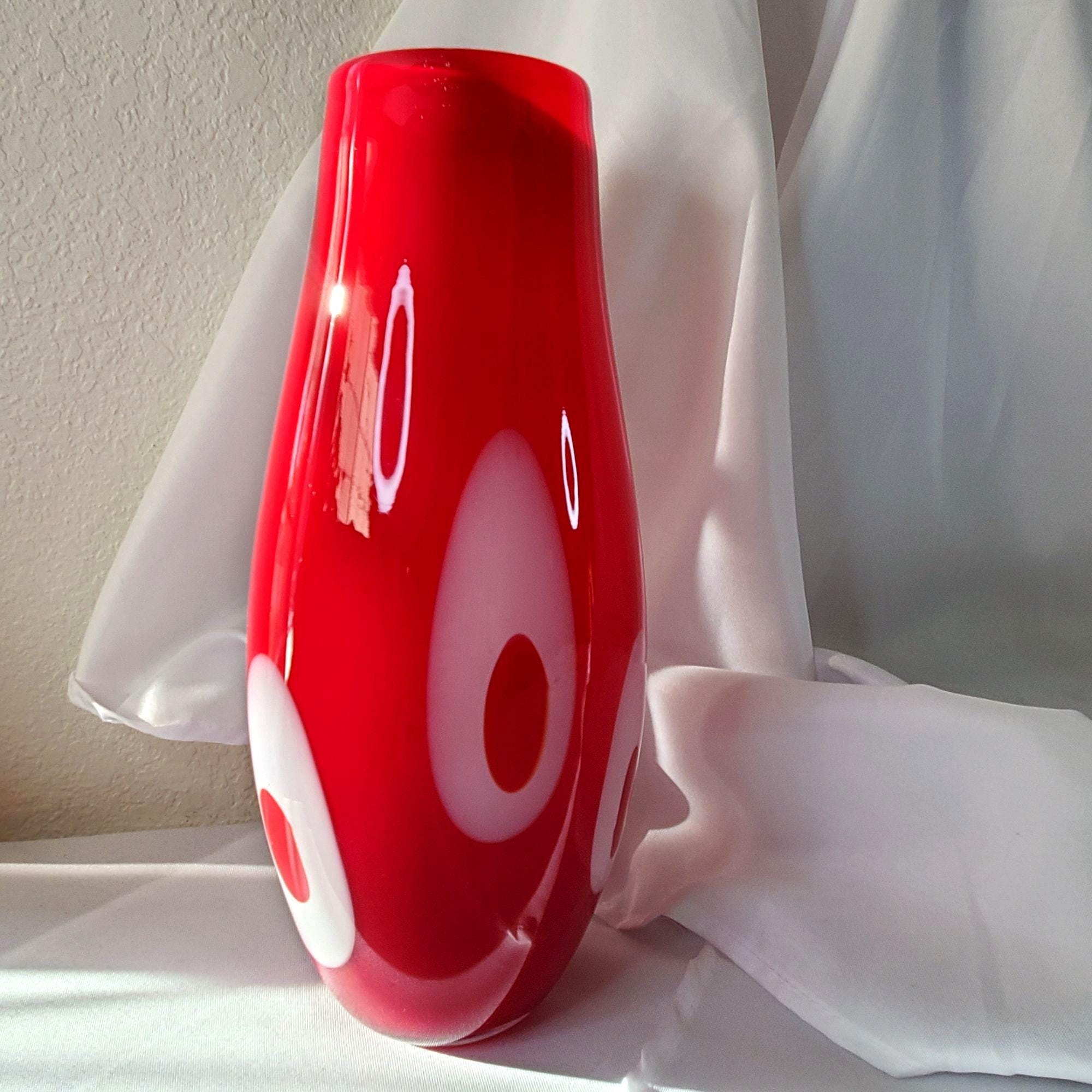 Cosmo Vase Red & White Blown Art Glass Murano Style Pop Art MCM Oblong ...