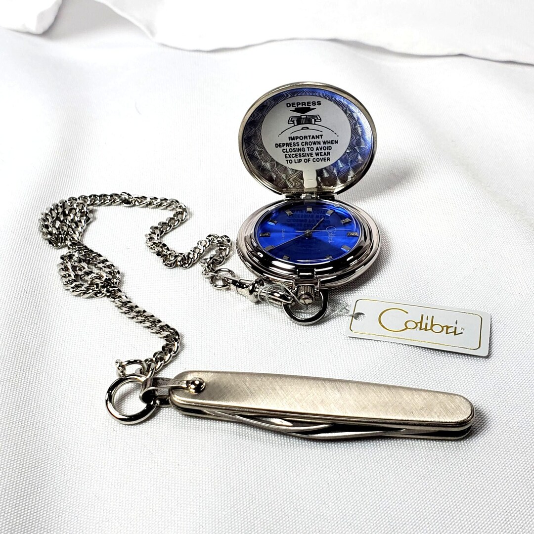 Vintage Colibri Mens Silver Pocket Watch Blue Dial & Chain With Pocket ...