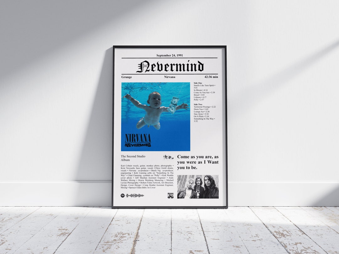 Album Music Poster Newspaper Style Nevermind, Nirvana, Frame Wall Art, - Etsy