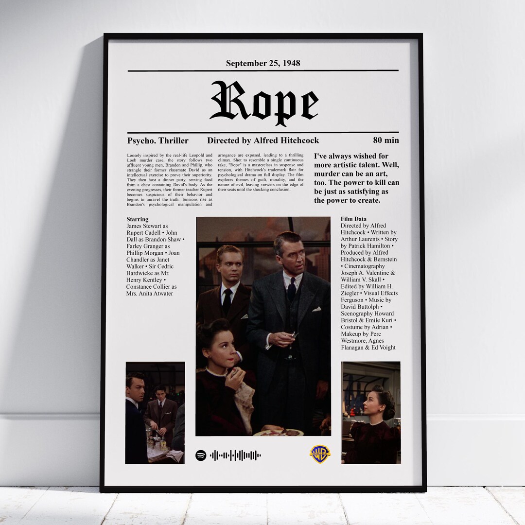 Film Movie Poster Newspaper Style Rope, Alfred Hitchcock, Frame Wall ...
